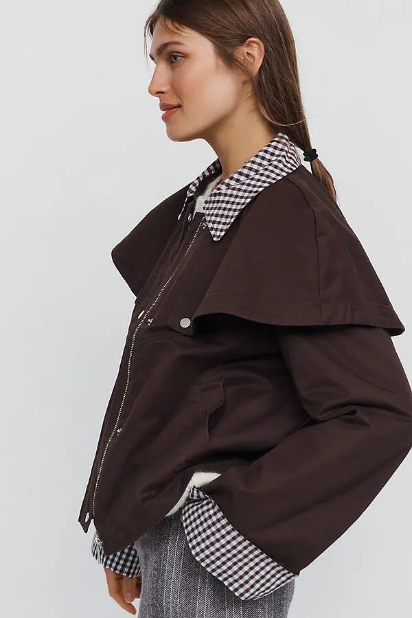 Avec Les Filles Gingham Trim Cape Jacket - Java Brown