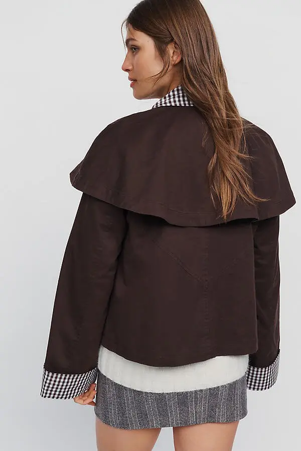 Avec Les Filles Gingham Trim Cape Jacket - Java Brown