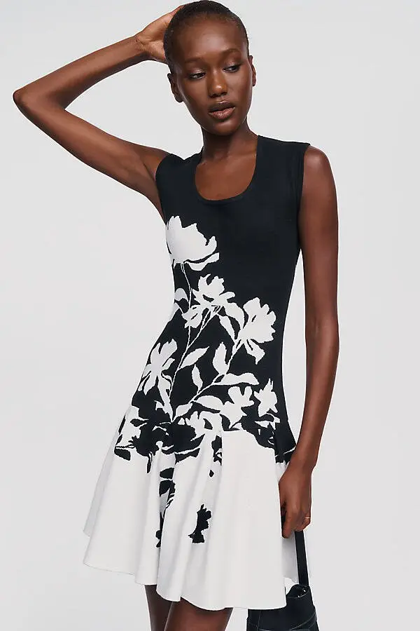 Maeve Beca Ribbed Sweater Fit & Flare Mini Dress - Black & White Pattern