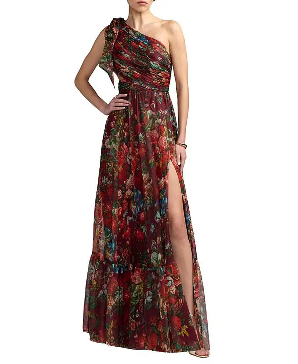 Mac Duggal One-shoulder Gown With Floral Print And Side Slit - Wine Multi