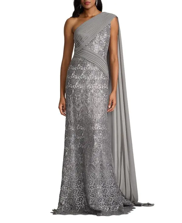 Tadashi Shoji Eamon Draped Sleeve Sequin Embroidered Gown