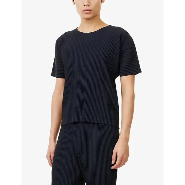 Issey Miyake Round-neck Pleated Knitted T-shirt - Navy