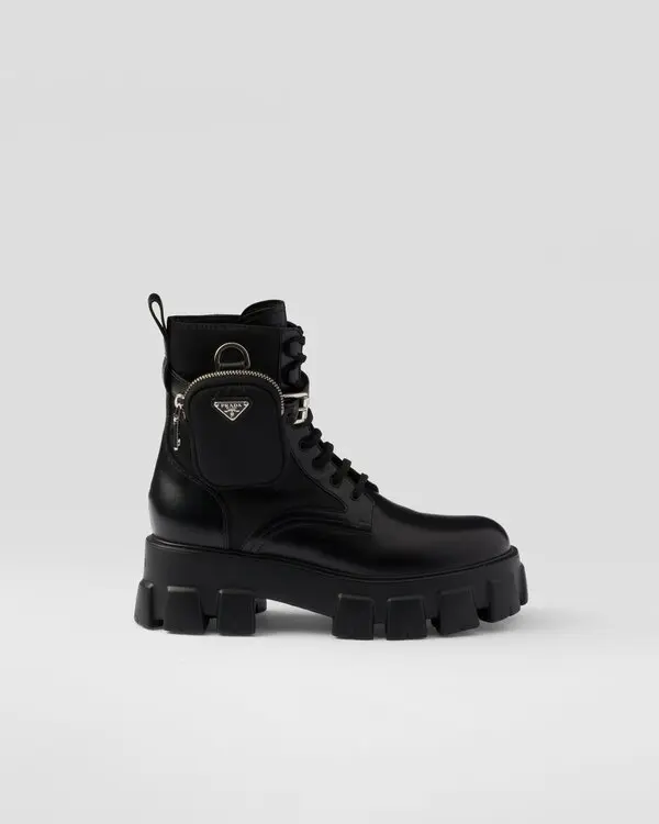 Prada Monolith Leather And Re-nylon Combat Boots With Pouch