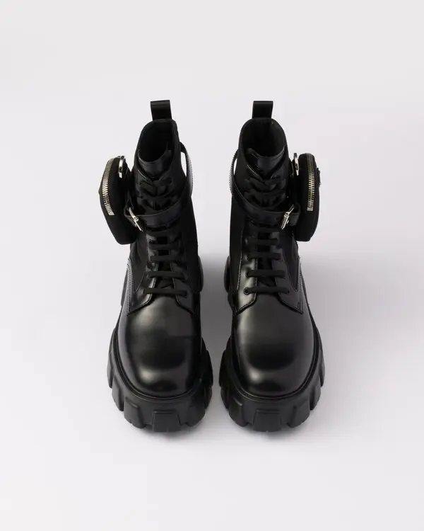 Prada Monolith Leather And Re-nylon Combat Boots With Pouch