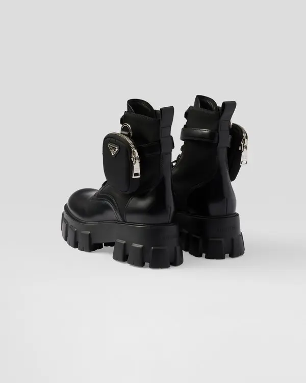 Prada Monolith Leather And Re-nylon Combat Boots With Pouch