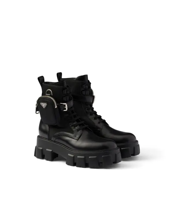 Prada Monolith Leather And Re-nylon Combat Boots With Pouch - Black