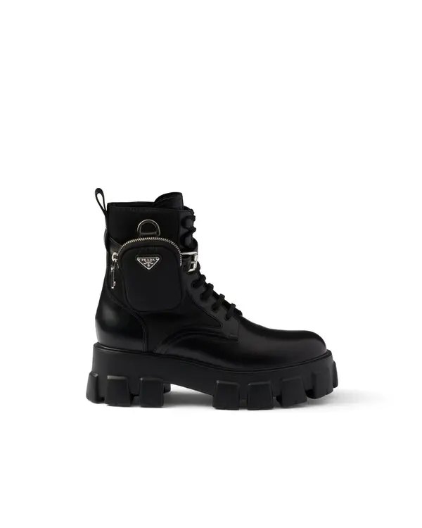 Prada Monolith Leather And Re-nylon Combat Boots With Pouch - Black