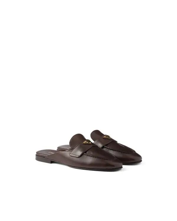 Prada Leather Slippers With Enameled Triangle Logo - Brown