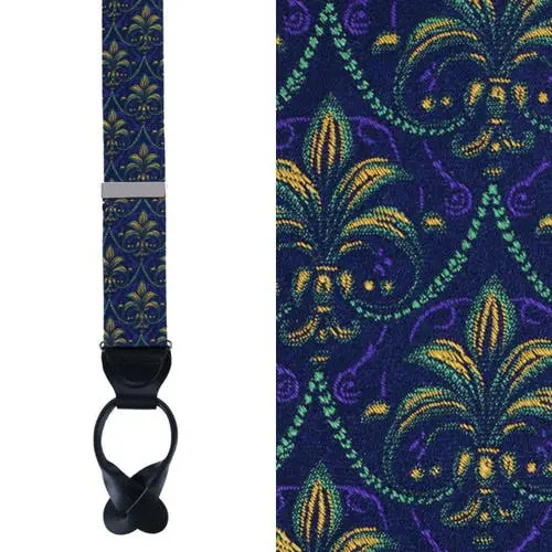 Trafalgar The French Quarter Fleur-de-lis Silk Suspenders - Purple/ Yellow/ And Green
