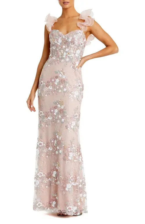 Mac Duggal Embroidered Lace Floral Gown With Ruffle Straps - Pastel Multi