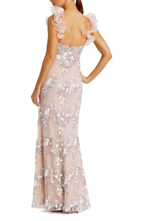 Mac Duggal Embroidered Lace Floral Gown With Ruffle Straps - Pastel Multi