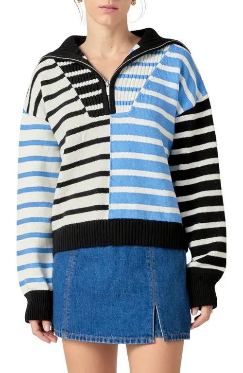 English Factory Striped Half Zip Pullover - Powder Blue/ Black
