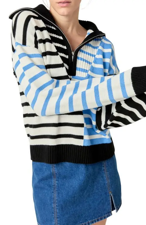 English Factory Striped Half Zip Pullover - Powder Blue/ Black