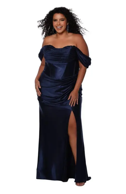 SYDNEY'S CLOSET Off-the-shoulder Fitted Evening Gown - Navy