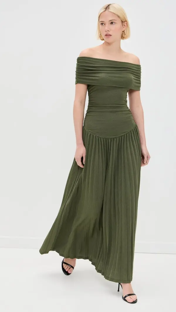 strapless open back dress Edith Burgundy Off Shoulder Pleated Maxi Dress M / Red main image 1
