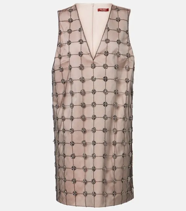 Max Mara Acino Embellished Tulle And Satin Mini Dress - Beige