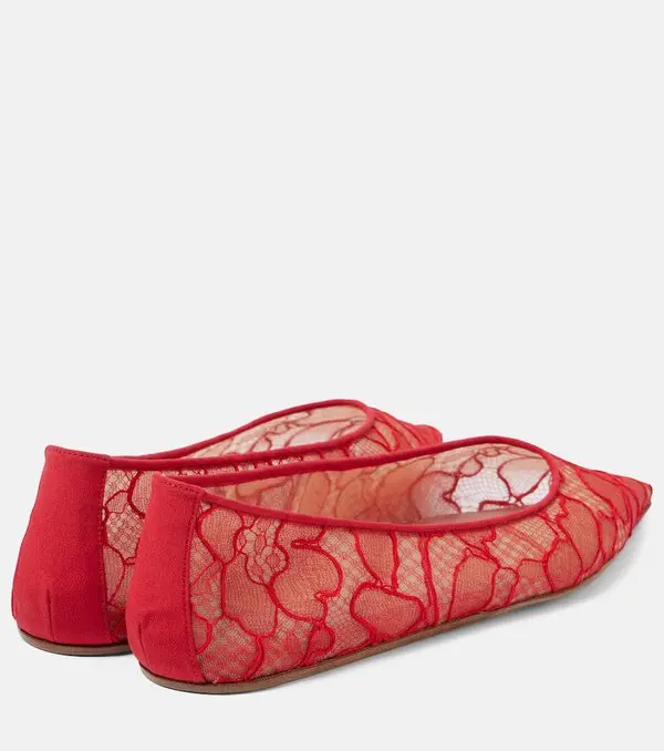 Amina Muaddi Barbara Lace Pointed Toe Ballet Flats - Red