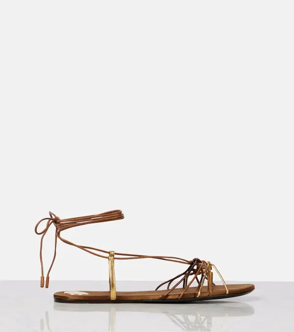 Saint Laurent Babylone Cassandre Leather Lace-up Sandals - Gold