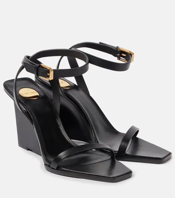 Saint Laurent May 90 Leather Wedge Sandals - Black