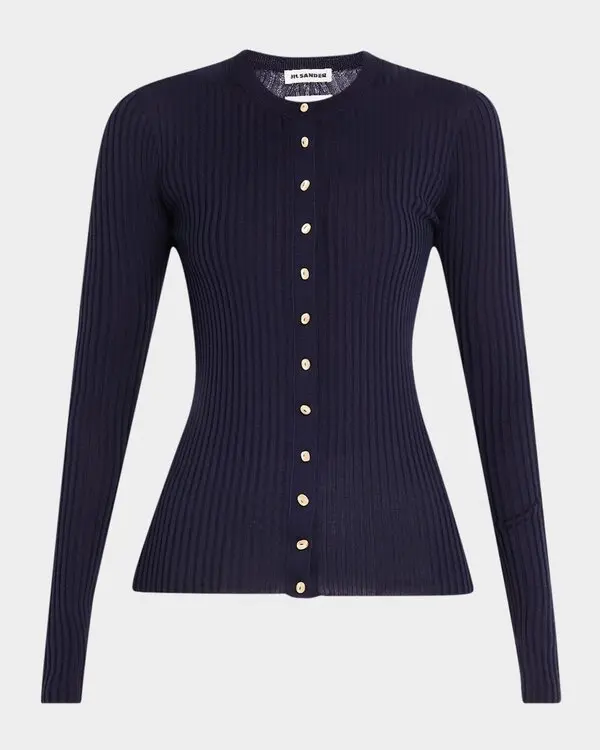 JIL SANDER Silk Ribbed Crewneck Cardigan