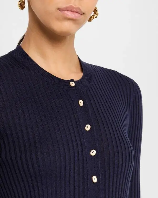 JIL SANDER Silk Ribbed Crewneck Cardigan - Midnight