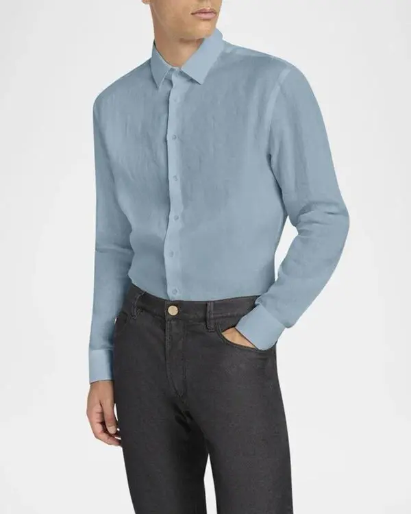 Giorgio Armani Apos;s Classic Solid Linen Sport Shirt - Blue