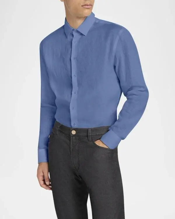 Giorgio Armani Apos;s Classic Solid Linen Sport Shirt - Medium Blue