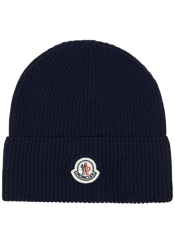 Moncler Logo Ribbed Beanie - Navy