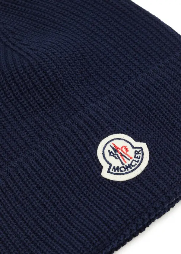Moncler Navy Ribbed Knit Cuffed Beanie with Logo Patch Moncler Women main image 4