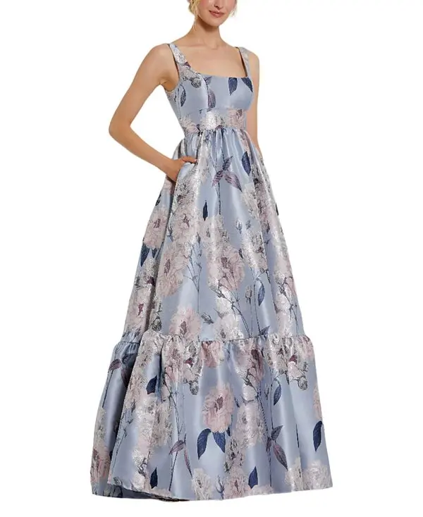Mac Duggal Brocade Scoop Neck Floral Gown - Blue Multi | Editorialist