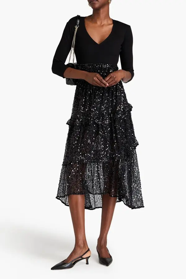 Maje Sequined Tiered Midi Dress