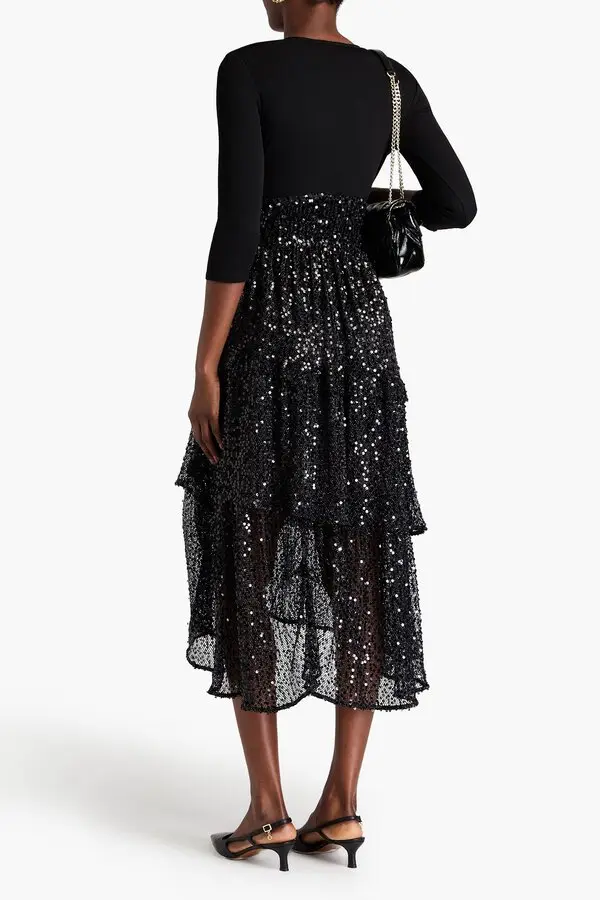 Maje Sequined Tiered Midi Dress