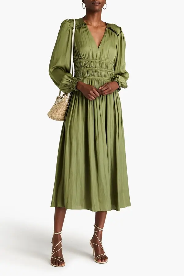 Maje Shirred Satin Midi Dress In Leaf Green - 55% Off | Editorialist