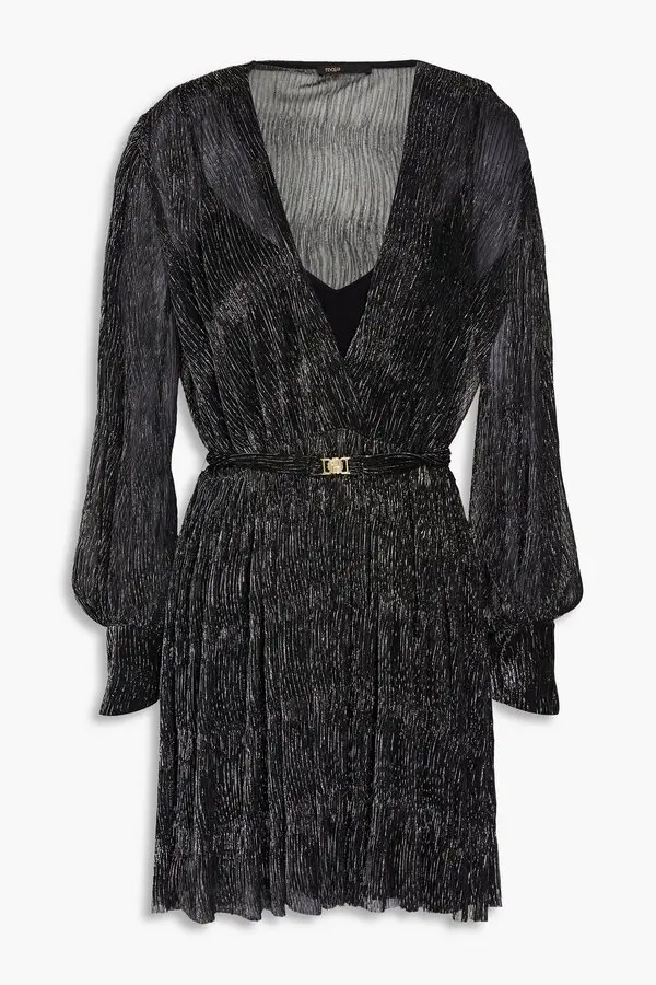 Maje Wrap-effect Belted Metallic Knitted Mini Dress - Silver