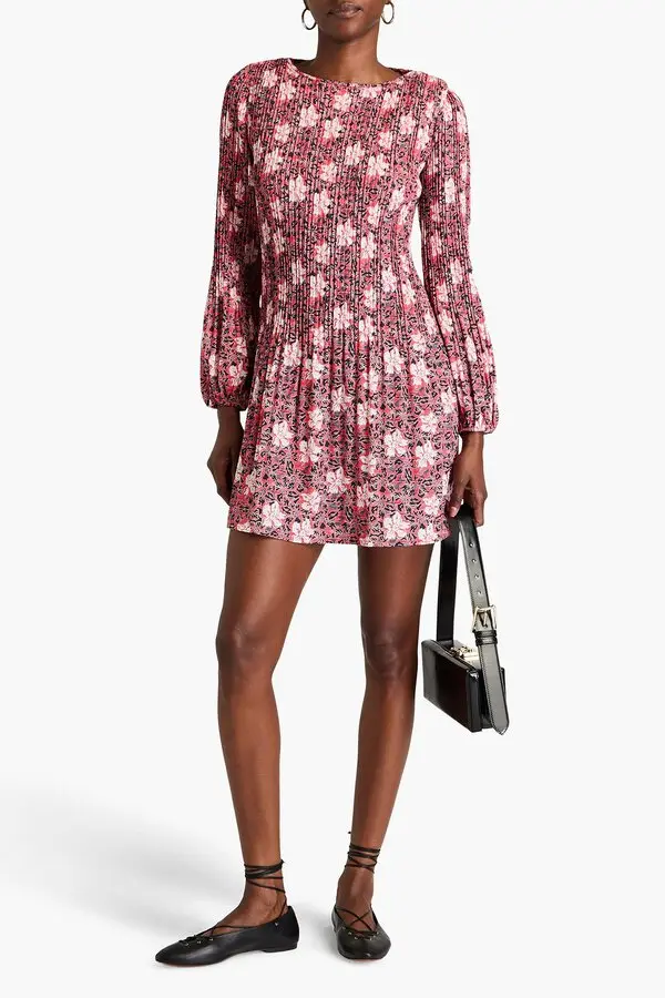Maje Floral-print Plissé Crepe Mini Dress - Red