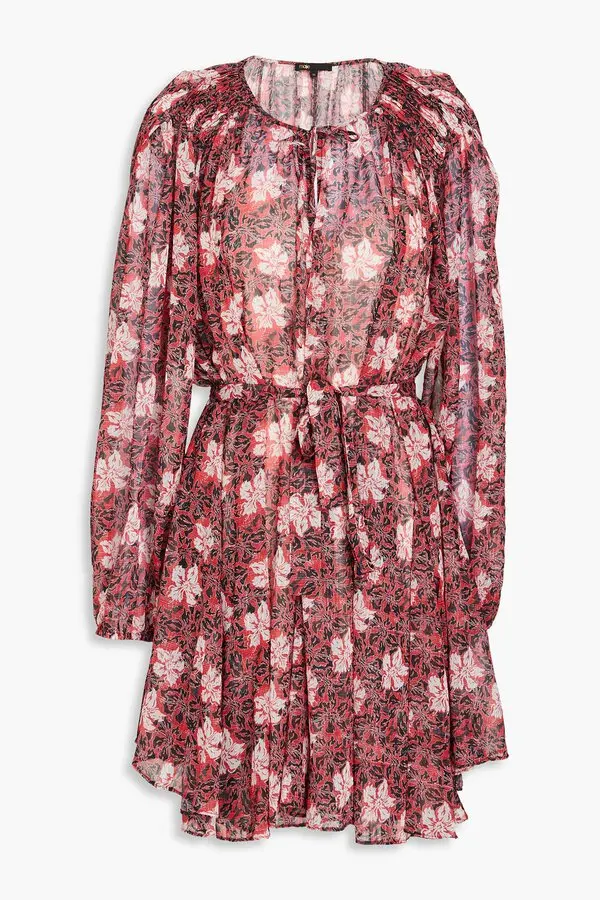 Maje Pleated Metallic Floral-print Chiffon Mini Dress
