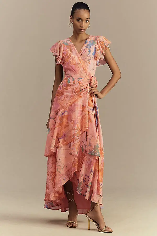 HUTCH Cezza Flutter-sleeve Ruffled Wrap Maxi Dress