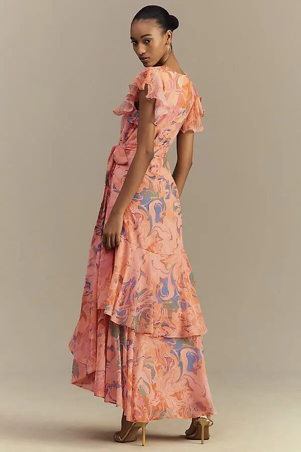 HUTCH Cezza Flutter-sleeve Ruffled Wrap Maxi Dress