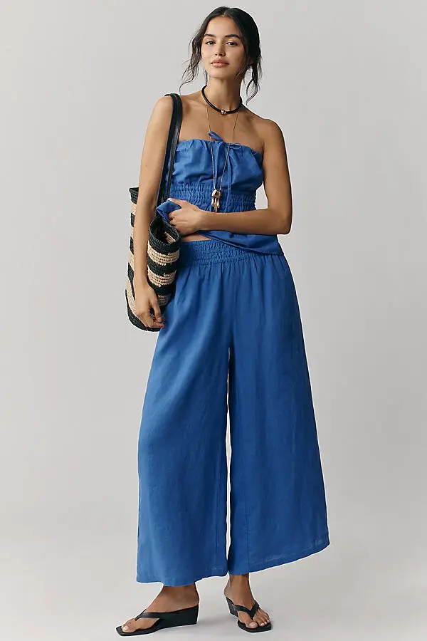 THE SOMERSET COLLECTION BY ANTHROPOLOGIE Linen Wide-leg Pants - Vibrant Cobalt