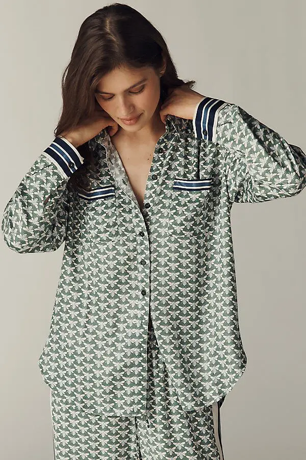 Maeve Silky Shirt Blouse - Green Pattern