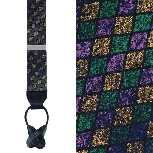 Trafalgar Carnival Diamond Silk Button End Suspenders - Purple/ Green/ And Yellow