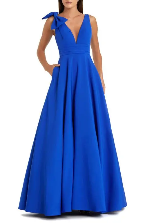 Mac Duggal Crepe Plunge Neck Ballgown With Bow - Cobalt
