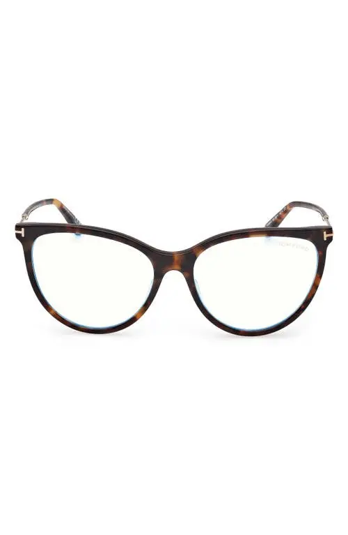 TOM FORD 56mm Cat Eye Optical Glasses - Havana / T Logo / Blue Block