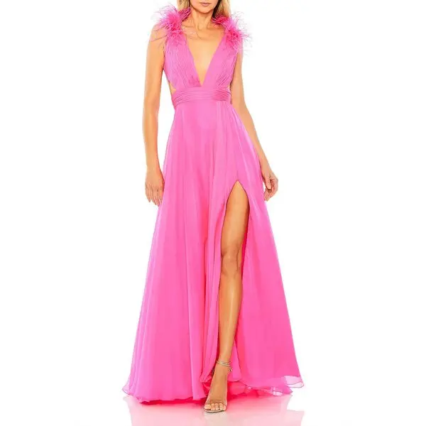 Mac Duggal Feathered Collar A-line Gown