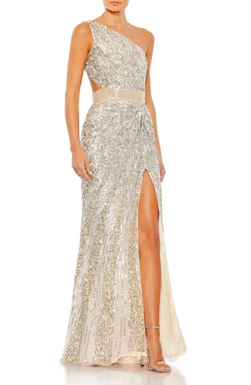 Mac Duggal Sequined One-shoulder Draped Gown With Lace-up Back - Nude Silver