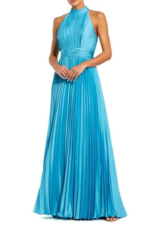 Mac Duggal Sleeveless Pleated Satin Halter Gown - Pool Blue