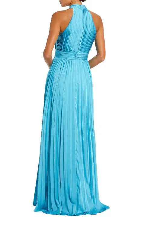 Mac Duggal Pleated Sleeveless Halter Gown - Pool Blue