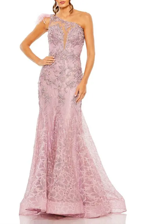 Mac Duggal Embroidered Applique Feathered One Shoulder Gown - Rose