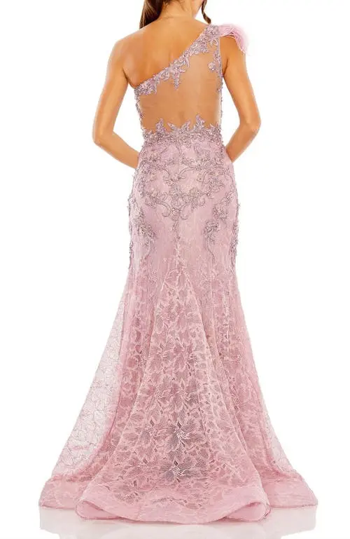 Mac Duggal Embroidered Applique Feathered One Shoulder Gown - Rose