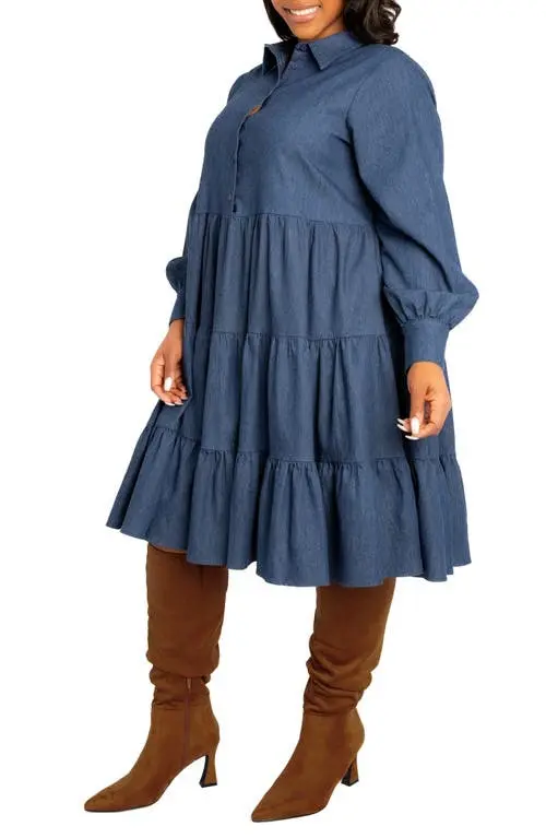 BUXOM COUTURE Tiered Denim Shirt Dress